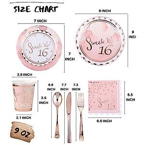 Rose Gold Sweet 16 Birthday Decorations for Girls - Serves 16 - Includes Sweet 16th Plates and Napkins Party Supplies Cups Cutlery for Sweet Sixteen Party