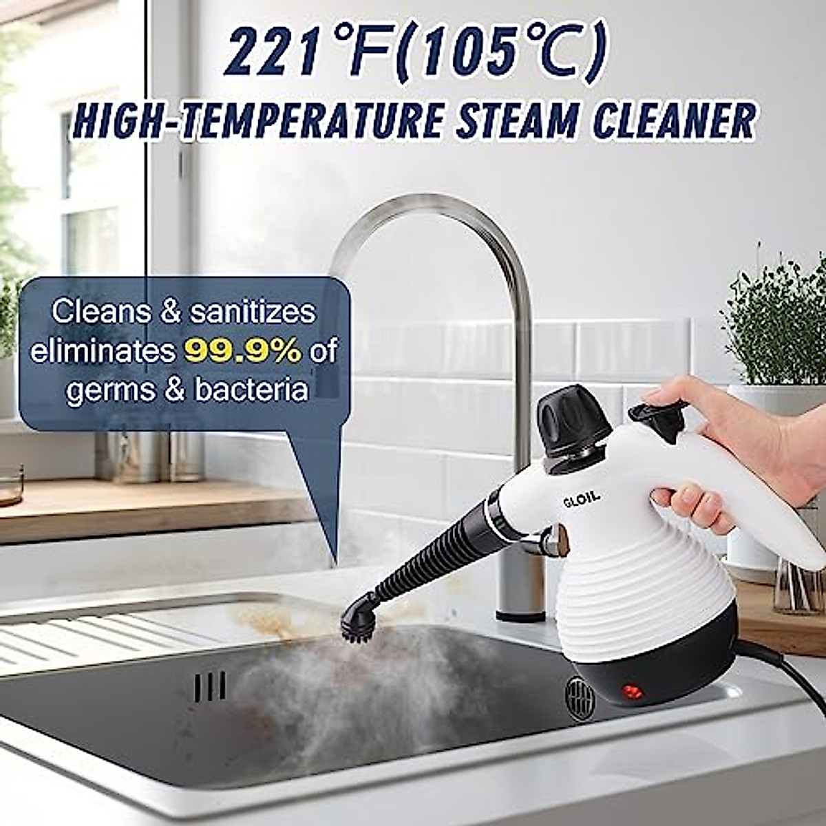GLOIL Handheld Steam Cleaner, Steamer for Cleaning, Multipurpose Portable Steam Cleaners for Home Use with Safety Lock and 10 Accessory Kit to Remove Grime, Grease, and More, Save Time and Effort