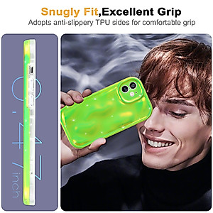 Fingic Designed for iPhone 12 Case,iPhone 12 Phone Case [with 1*Screen Protector][Water Ripple Shape Sparkly]Camera Lens Protection Thin Antislip 360° Protective Cover for iPhone 12(Fluorescent Green)