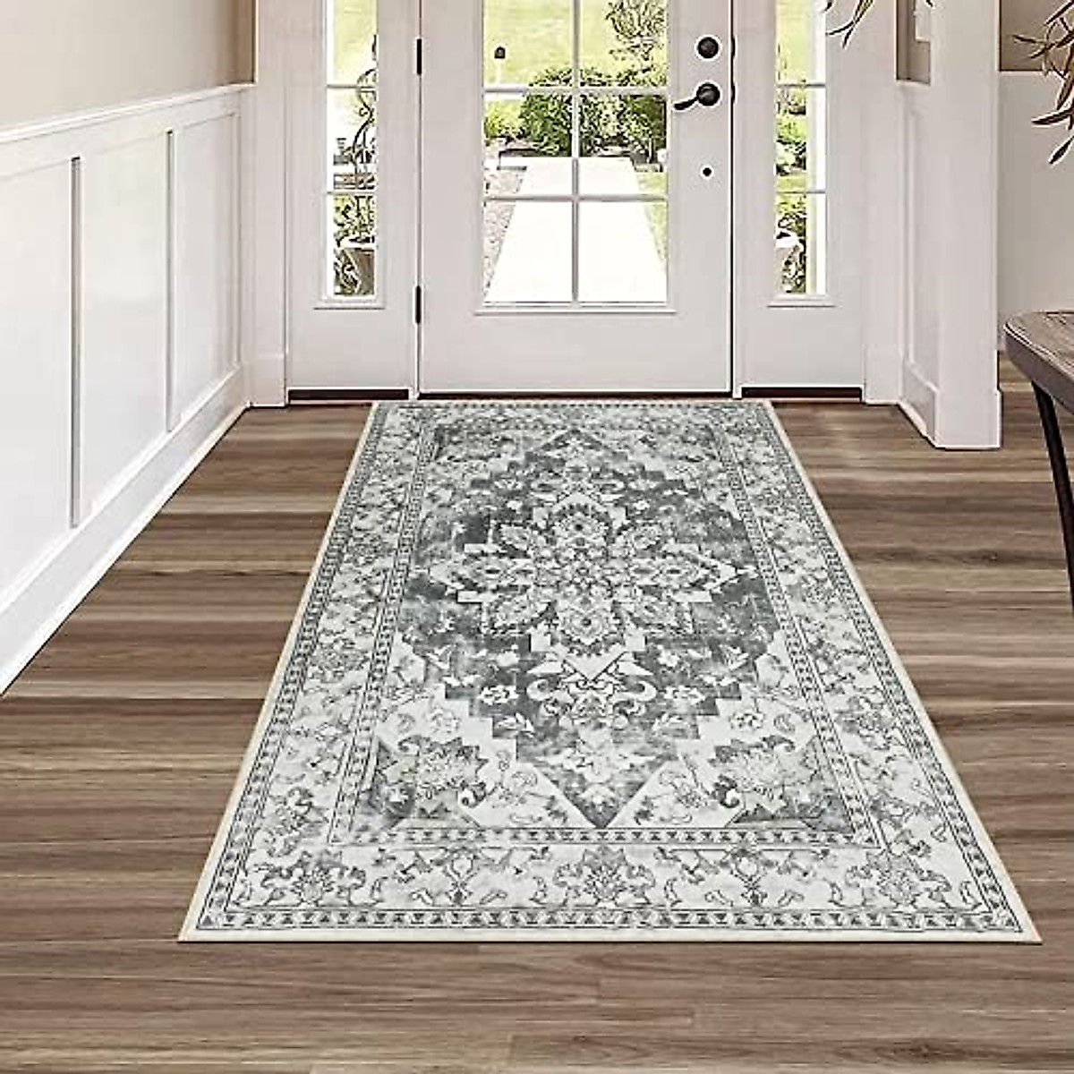 Bsmathom Persian Area Rug 3x5, Non-Slip Throw Small Entryway Rug Kitchen Mat, Low-Pile Non-Shedding Oriental Area Rug for Living Room Bedroom Office (Grey, 3x5Ft)