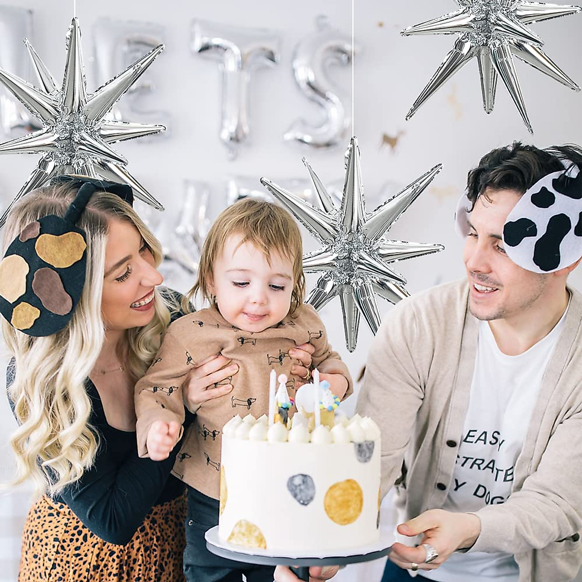 Toniful 4 Pcs 22inch 4D Silver Starburst Cone Mylar Balloons 14Point Star Balloons Explosion Star Foil Balloons for Party Supplies Backdrop Christmas,New Year,Birthday, Wedding,Photo Booth Ornament