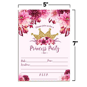 Watercolor Floral Princess Birthday Party Invitations with Pink and Burgundy Dahlias and Gold Glitter Crown, 20 5x7 Fill In Cards with Twenty White Envelopes by AmandaCreation