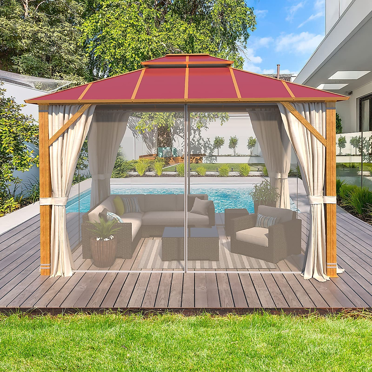 MELLCOM 10' x 12' Hardtop Gazebo, Wooden Finish Coated Aluminum Frame Outdoor Gazebo with Aluminum Double Roof, Claret Metal Gazebo with Curtains and Nettings for Patios, Gardens, Lawns, Parties