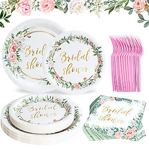 QIFU Bridal Shower Decorations Party Tableware - Pink and Gold Floral Paper Plates,Dessert Plates,Napkins and Forks Sets for 24 Guests, Celebrate the Bride-to-be Bachelorette Party Supplies