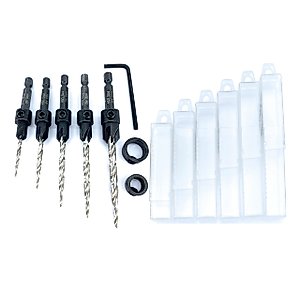 FTG USA Wood Countersink Drill Bit Set 5 Sizes Set Countersink #4, 6, 8, 10, 12 Tapered Drill Bits with Hex Shank Countersink bit, 2 Stop Collar, 1 Allen Wrench, 6 Storage Containers