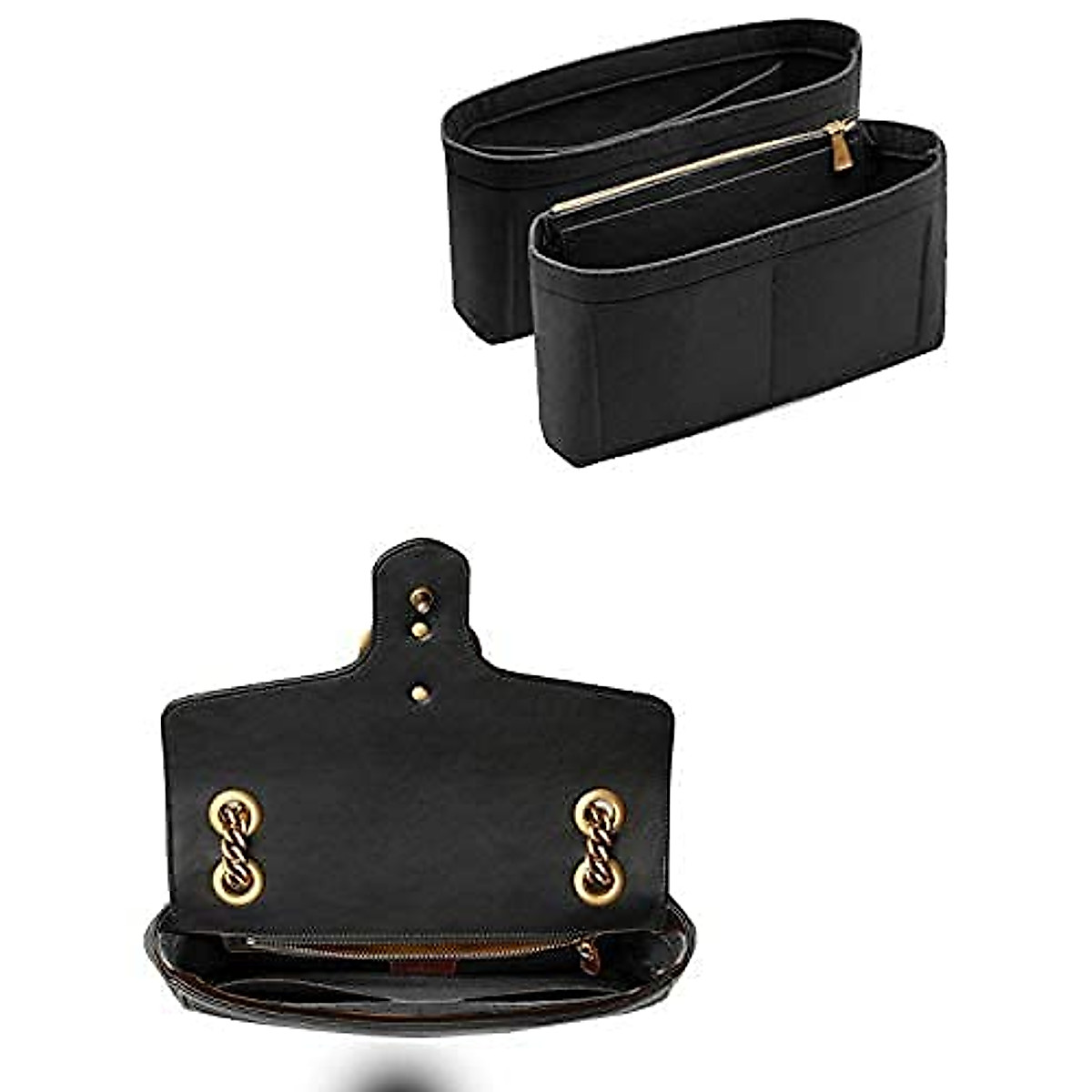 Small Handbag Shaper Insert for GG Marmont Matelasse Shoulder Bag(Pack of 2)Felt Insert Purse Organizer with Zipper- Buy 1 Get 1 Bag Free Small 8030 Black
