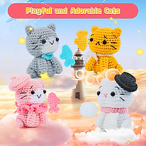 Crochet Kit for Beginners - Cat Crochet Kit with Step-by-Step Video Tutorials, Learn to Crochet Kits for Adults and Kids, 4 PCS Cat with Hat, Toy, Fish Crocheting Set