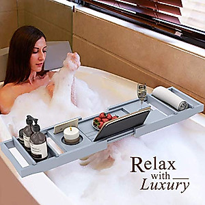 Domax Bathtub Caddy Tray Expandable Bamboo Tub Tray for Luxury Bath with Book Holder and Free Soap Dish (Gray, 29.4"-44.2"x 9.1"x1.65")