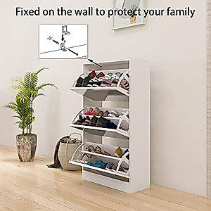 Veemuaro Shoe Cabinet, 3 Flip Drawers Free Standing Shoe Rack with with Mirror, White Wood Slim Shoe Storage Cabinet for Entryway, Hallway, and Corridor, Holds 18 Pair Shoes