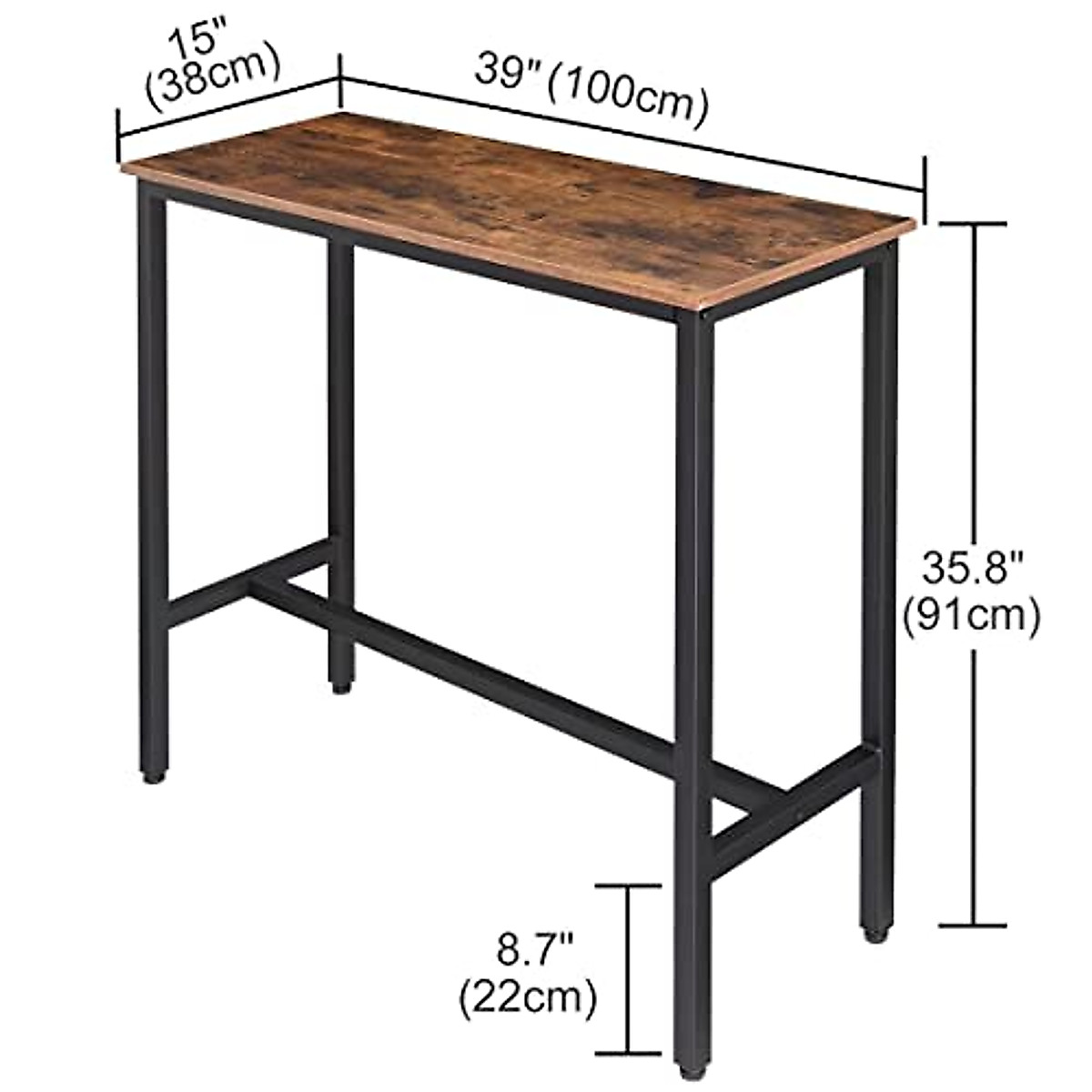RokiaTek Bar Table 39" Long Narrow Bar Height Pub Table Dining Table for Kitchen, Dining Room, Living Room, Sturdy Metal Frame, Industrial, Rustic Brown and Black