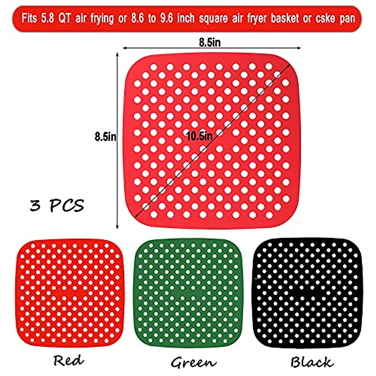 3 PCS Reusable Air Fryer Liners,Square Air Fryer Silicone Liners for Air Fryer Basket,Non-Stick Air Fryer Accessories Basket Mats Replacement for Parchment Paper, BPA Free. (Black Red Green, 8.5 in)