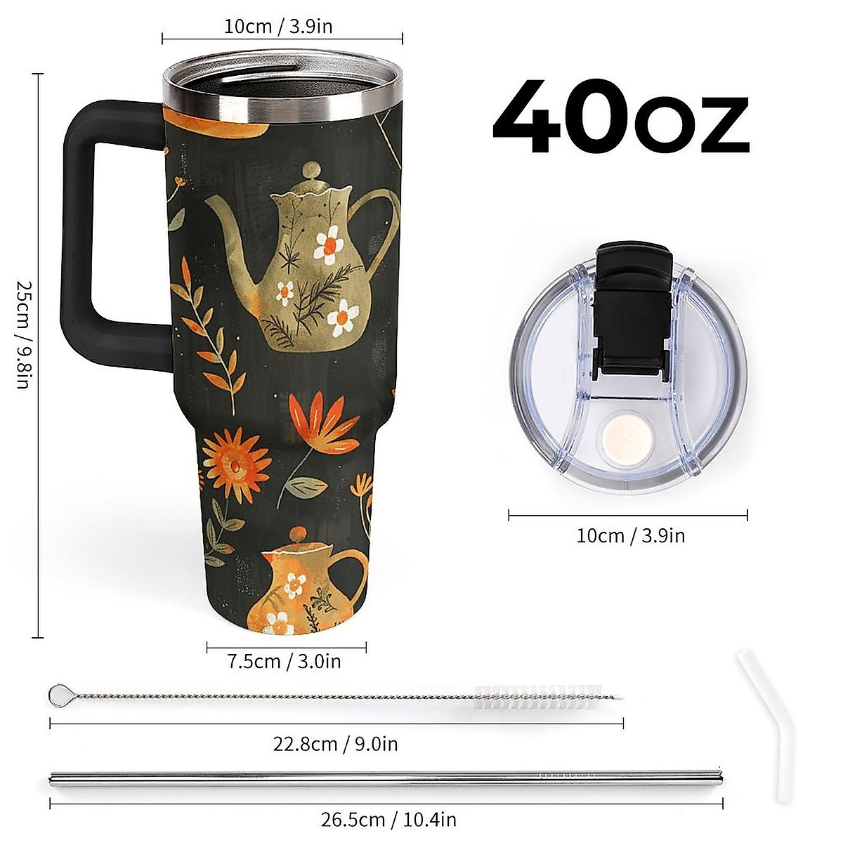 YTLKGFP 40 Oz Large Capacity Car Cup Plants And Teapot Tumbler with Handle (Black) Straw Lid Insulated Stainless Steel Water Bottle Travel Mug Leak-proof Car Cup Keeps Cold Or Hot