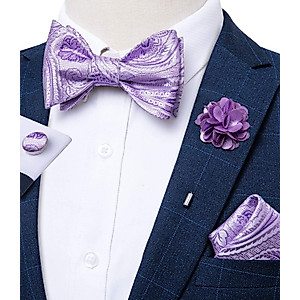 DiBanGu Lavender Purple Bow Tie for Men Woven Paisley Self Tied Bow Tie and Lapel Pin Set with Handkerchief Cufflinks