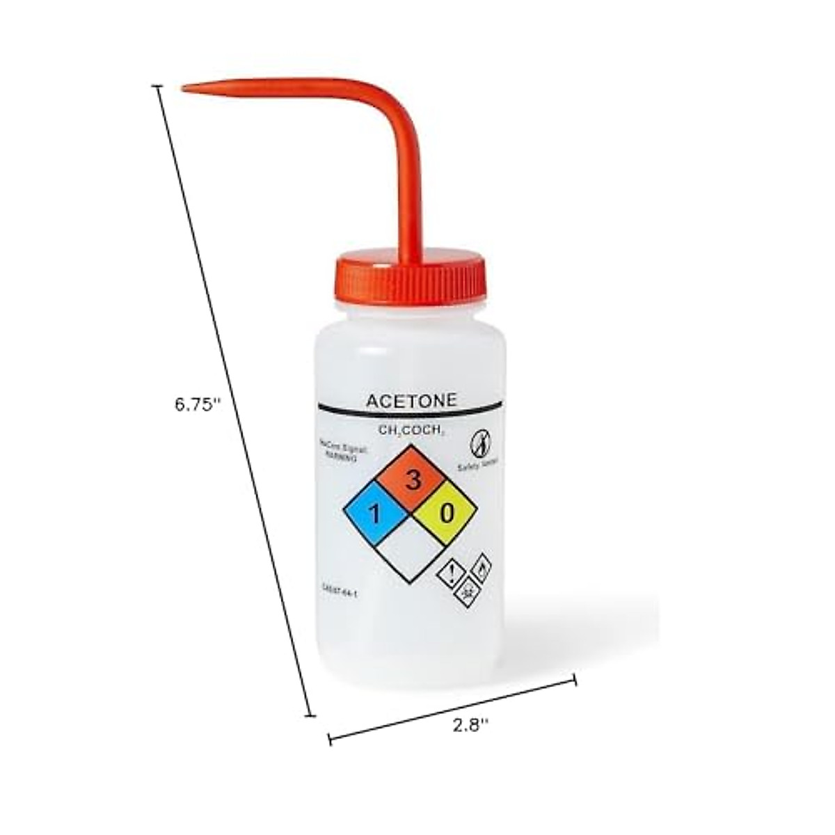 United Scientific™ UniSafe™ Wash Bottle for Acetone, 500mL - Labeled with Color Coded Chemical & Safety Information (4 Colors) - Wide Mouth, Self Venting, Low Density Polyethylene