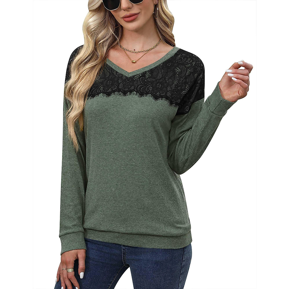 For G and PL Womens Casual Dressy Cotton Lace Trim Sweatshirt Fall Loose Fit Long Sleeve V Neck Top Sweater Forest Green L
