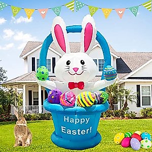 kegemor Inflatable Easter Bunny Blow Up Yard Decorations 6FT Outdoor Rabbit with Egg Basket Cute Giant Tall Built-in LED Lights for Indoor Outside Holiday Party Yard Garden Lawn