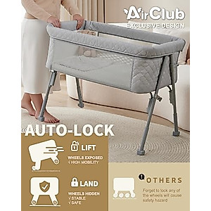 AirClub Bassinet Bedside Sleeper, Baby Bed Crib for Newborn, Bedside Crib Sleeper with 4 Auto-Lock & Adjustable Height, Breathable Mesh&Mattress