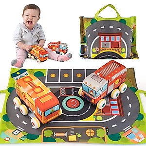UNIH Car Toys for 1 Year Old Boy,Soft Plush Car Set with Play Mat,Pull-Back Vehicle Baby Soft Car Toys for Baby Toddlers 1 2 Year Old Boy Girl