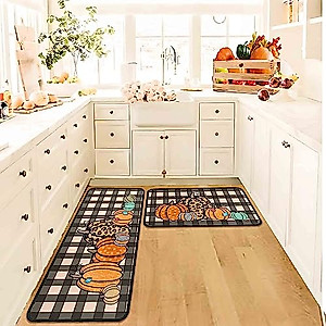 Fall Kitchen Rugs and Mats Set of 2, Thanksgiving Kitchen Rug Non Slip Backing Fall Decorations for Home Seasonal Farmhouse Fall Holiday Autumn Harvest Low-Profile Kitchen Floor Mat 17"X47"+17"X30"