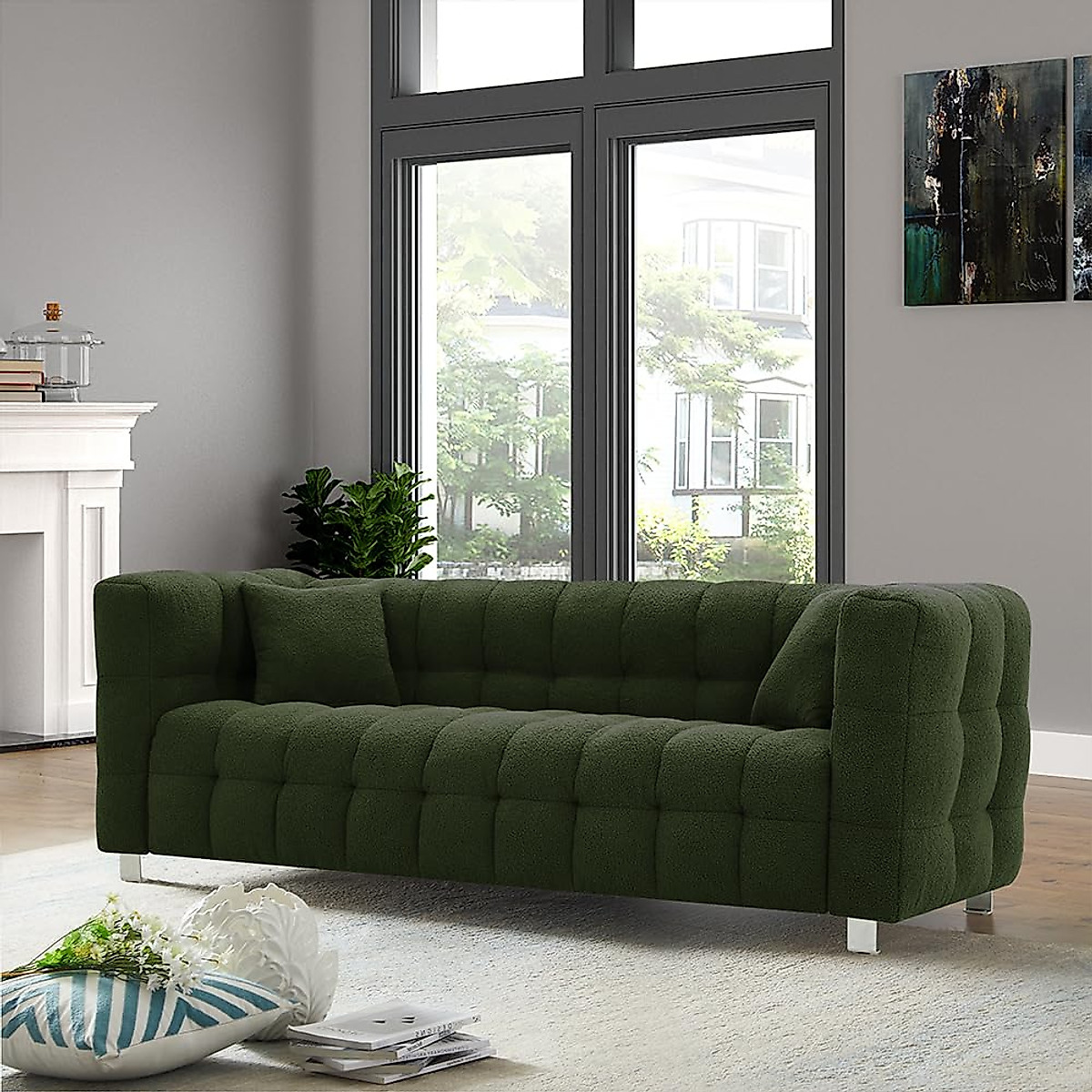 BSYEIO Modern Sofa Couch with Metal Legs Upholstered Tufted 3 Seater Couch with 2 Pillows Comfy Boucle Couch for Living Room, Bedroom, Office, 80 Inch Wide (Green-Teddy)