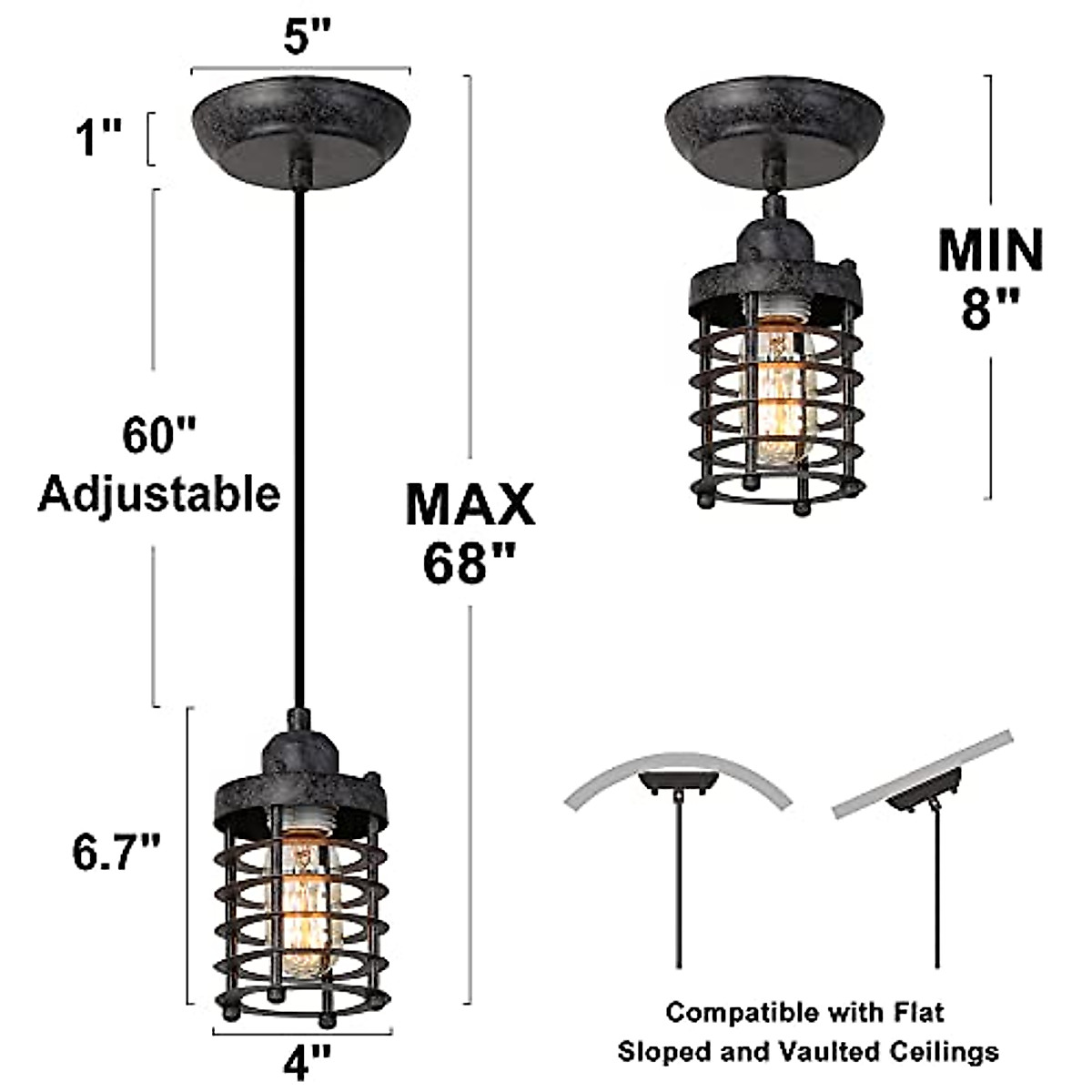 LNC Rustic Pendant Lighting for Kitchen Island, Retro Vintage Pendant Light Fixture with Metal Cage Shade, Mini Hanging Pendant Lights Adjustable for Kitchen Sink, Dining Room, Bedroom, Foyer, 3.9”D