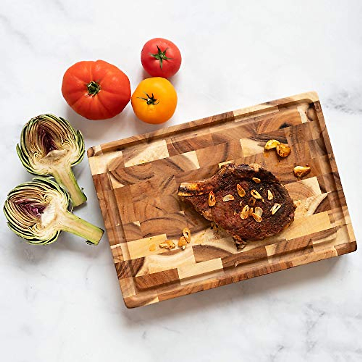 Villa Acacia Large Wood Cutting Board with Juice Groove, 2.5 Inch Thick, 17x12 Inch End Grain Block