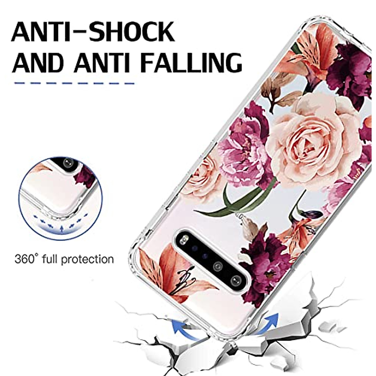 Bohefo Case for LG V60 ThinQ 5G Case/LG V60/LM-V600 Case with Tempered Glass Screen Protector, Full Body Cute Floral Bumper Shockproof Protective Phone Case Cover for LG V60 ThinQ (Purple Flower)