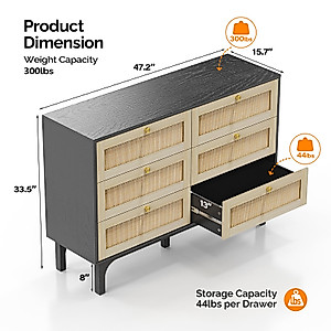 VINGLI Rattan Dresser Mid Century Modern Dresser 6 Drawers, 47.2" (W) x 15.7" (D) x 33.5" (H) Boho Bedroom Furniture Black Wicker Dresser Bohemian