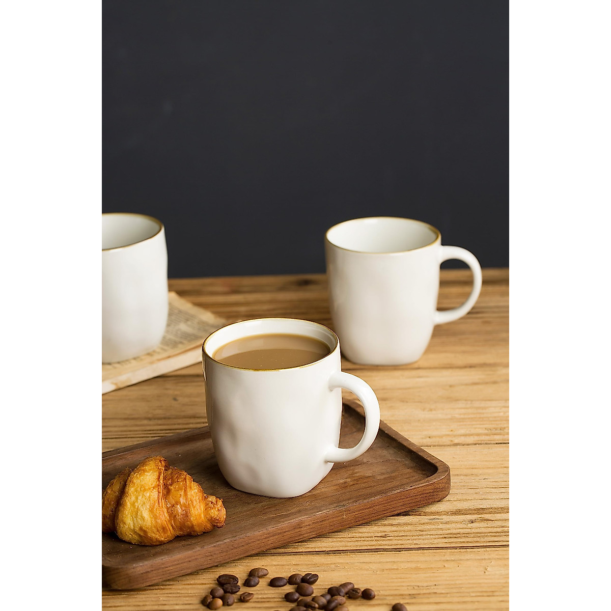 famiware Coffee Mugs Set of 4, Ocean Square 13oz Coffee Cup Set with Handle for Cocoa, Milk, Hot Chocolate, Tea, Water, Stoneware Cups for Kitchen, Microwave and Dishwasher Safe, Vanilla White