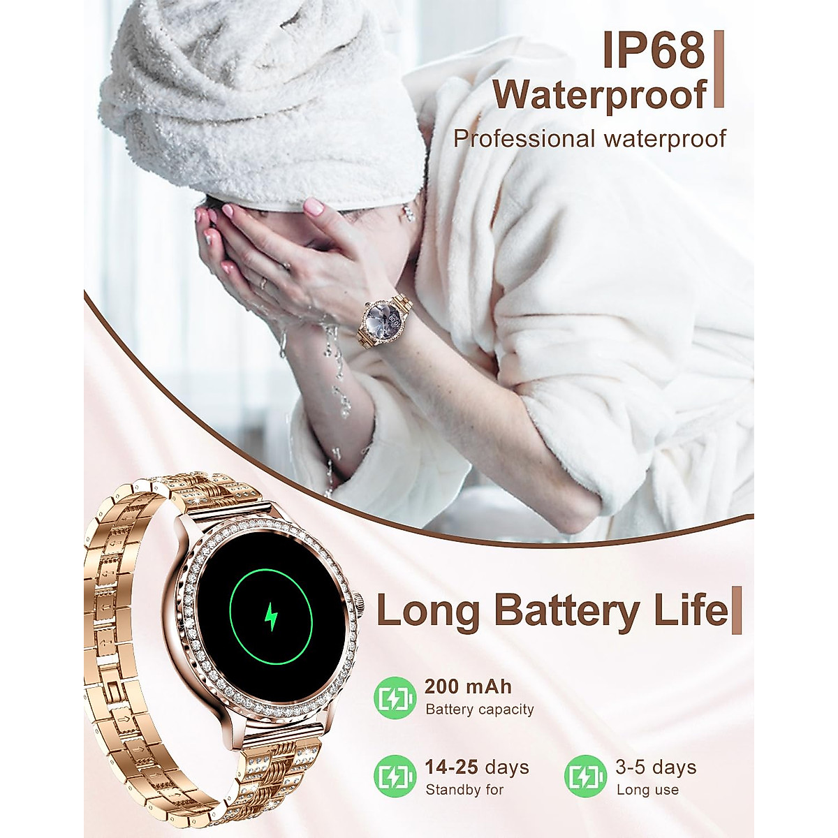 Smart Watches for Women (Answer/Make Call) with Diamonds, 1.3”HD Screen Bluetooth Smartwatch for Android iOS Phones, IP68 Waterproof Fitness Activity Trackers with Heart Rate/SpO2/BP/Sleep Monitor