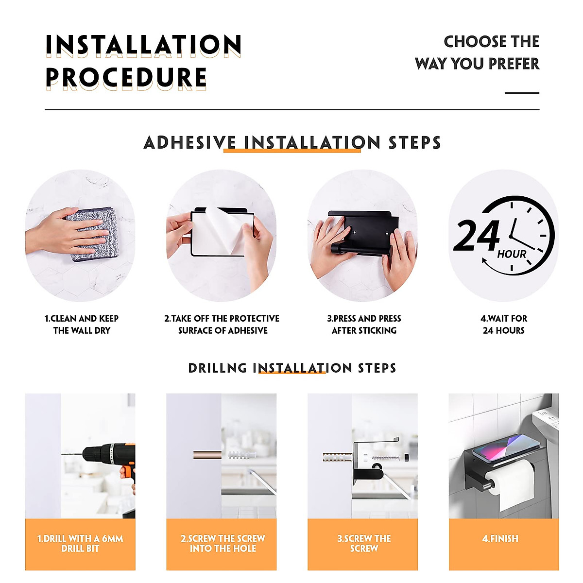 ASTOFLI Black Toilet Paper Holder with Shelf: Self Adhesive Toilet Paper Holder with Phone Shelf - No Drill Stainless Steel Toilet Paper Holders Wall Mount - Wall Mounted Tissue Roll Holder