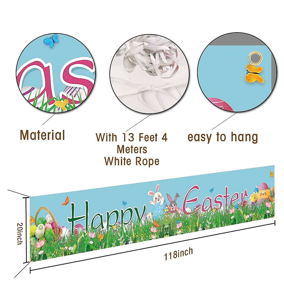 Happy Easter Banner Spring Easter Bunny Easter Eggs Decor Banner Outdoor & Indoor Yard Fence Garden Sign Hanging Door Banner 118" x 20"