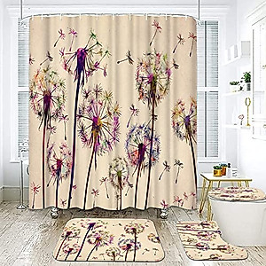 4 Pcs Flowers Shower Curtain Sets with Non-Slip Rugs Toilet Lid Cover and Bath Mat Colorful Dandelion Flowers Waterproof Fabric Curtain with 12 Hooks Vintage Bedroom Decorations Accessories