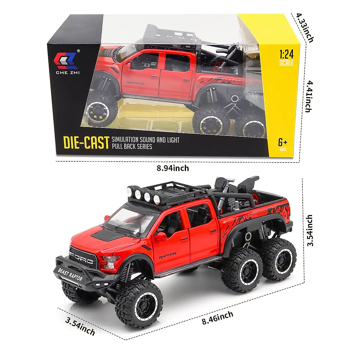 Monster Trucks for Boys - 1/24 Scale Die-Cast Metal Toy Car F150 with Sound and Light,Pickup Truck and Trailer Cars Toy Cars for 3+ Year Old Boys (Red)