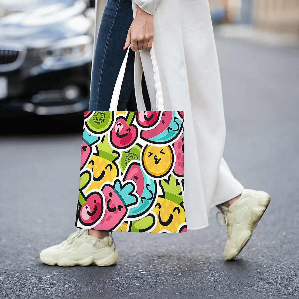 TifyDon Canvas Tote Bag，Berries Fruit Mix Pattern Reusable Large Shopping Shoulder Tote Bag For Women，Lovely Funny Pineapple Orange Watermelon Cherries Kiwi Black Happy Beach Tote Bags Bulk