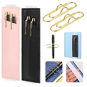 WSICSE 4Pcs Pen Holder for Notebook Set Include PU Leather Pen Holder with Adjustable Elastic Band and Metal Pen Clips for Notebooks, Journals, Planners