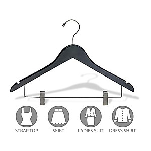 Black Rubberized Wooden Combo Hangers with Adjustable Cushion Clips, Flat Rubber Coated Hangers with Chrome Swivel Hook & Notches (Set of 50) by The Great American Hanger Company