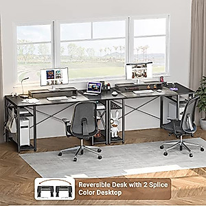 armocity Computer Desk, 55 Inch Desk with Power Outlet and USB, Reversible Large Desk with Moveable Monitor Stand, Industrial Gaming PC Table for Home Office, Workstation, Black Oak and Black