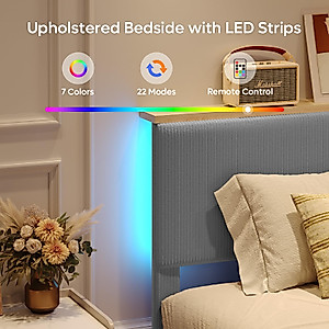 Bestier Queen Size Bed Frame with Headboard, Corduroy Upholstered Adjustable Platform Bed with Storage Shelf, Bedside LED Bed Frame, Solid Wood Slats Support, No Box Spring, No Squeaks(Grey)