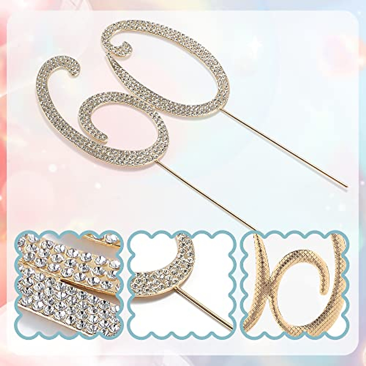 60 Cake Topper Glitter Rhinestone Cake Toppers Gold Cake Decor for 60th Birthday or Anniversary Party