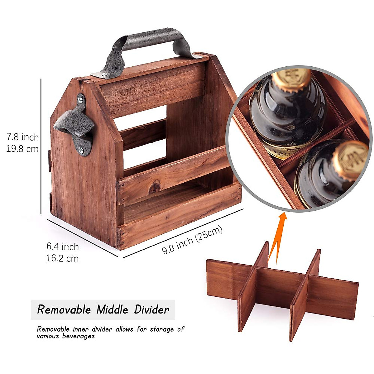 Mealivos Wooden Bottle Caddy, 6-Pack Beer Carrier with Built-In Metal Bottle Opener, Beer Buckets for 6 Beers