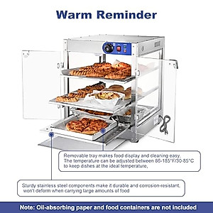Commercial Countertop Food Warmer | 800 W Stainless Steel Countertop Heated Cabinet | 3-Tier Glass Food Warming Display Machine | 86-185°F Temp Control Food Heater for Buffet Restaurant