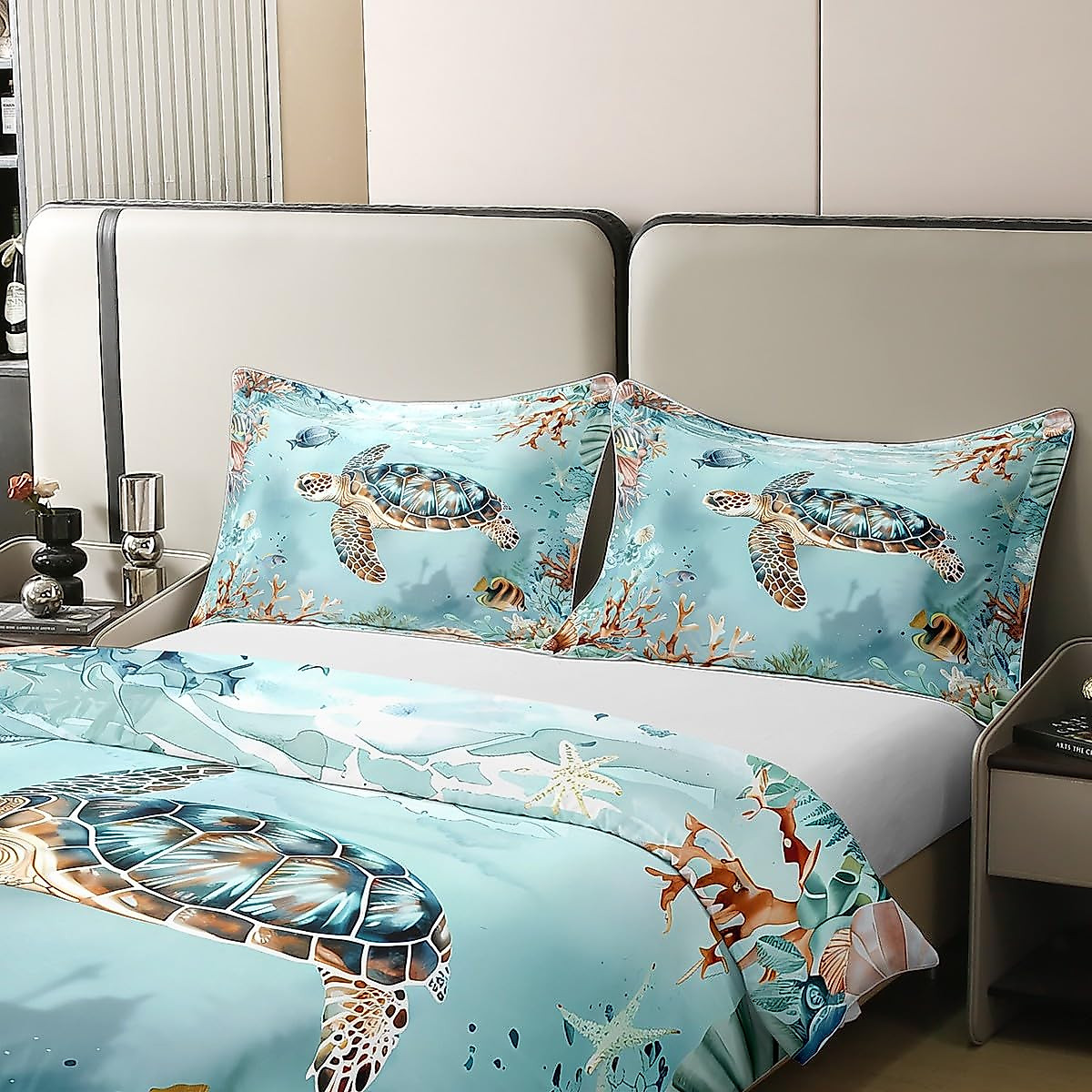Feelyou Sea Turtle Bedding Set King Size Summer Theme Comforter Cover Set for Boys Girls Teens Fish Marine Themed 100% Cotton Duvet Cover Underwater Animal Bedspread Cover Ocean Creature Quilt Cover
