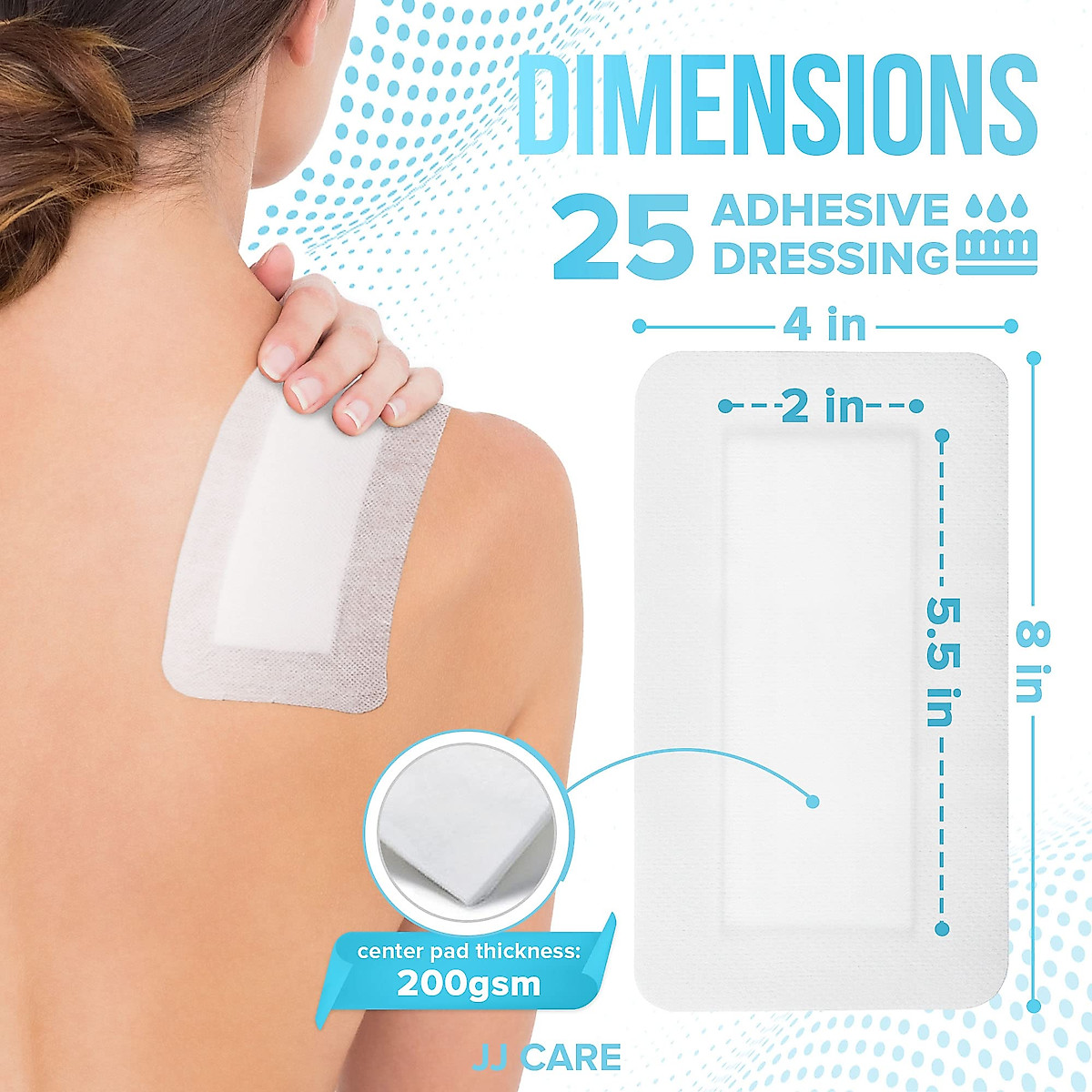 JJ CARE Adhesive Island Dressing [Pack of 25], 4” x 8” Sterile Island Wound Dressing, Breathable Bordered Gauze Dressing, Individually Wrapped Latex Free Wound Bandages with Non-Stick Central Pad