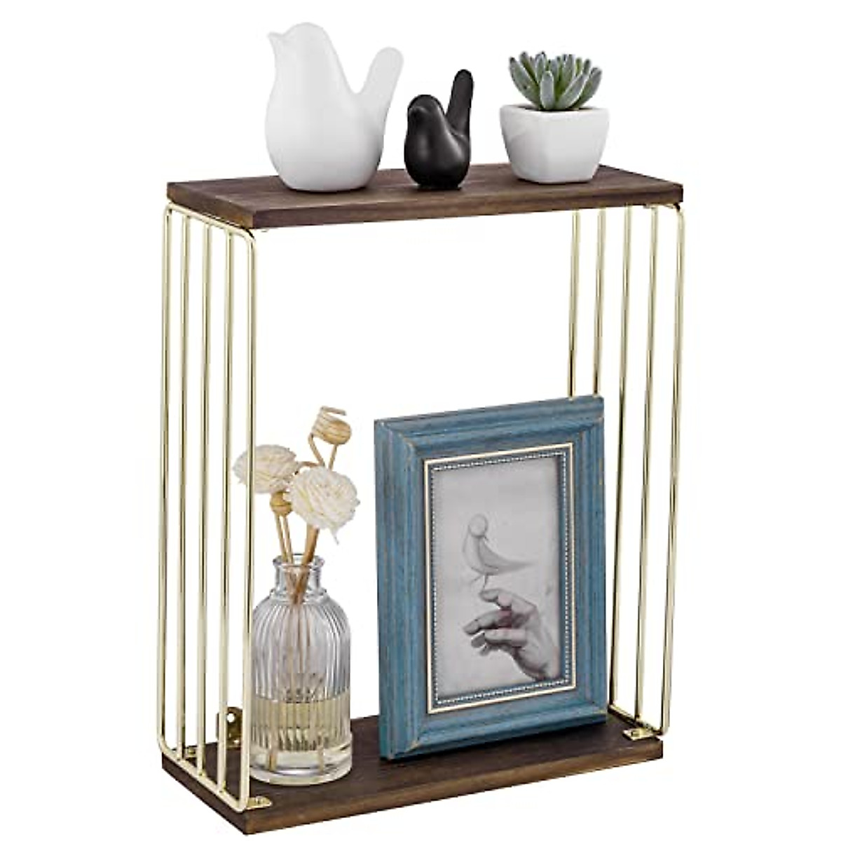 MyGift 2 Tier Modern Brass and Burnt Wood Floating Shelf, Decorative Shadow Box Wall Shelf