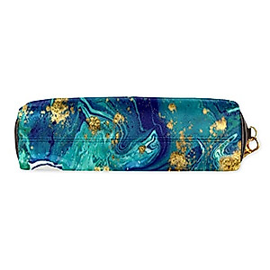 TropicalLife Turquoise Marbling Texture Golden Pencil Case, Portable Pu Leather Pencil Pen Case Pouch Bag with Zipper for Travel, School, Cosmetic Bag