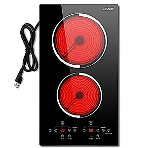 Jessier 12 Inch Electric Cooktop - 2 Burner Countertop & Built-in Electric Stove Top, 120V Plug in Electric Cook Top, Timer, Safety Lock, Over-Temperature Protection, Sensor Touch Control
