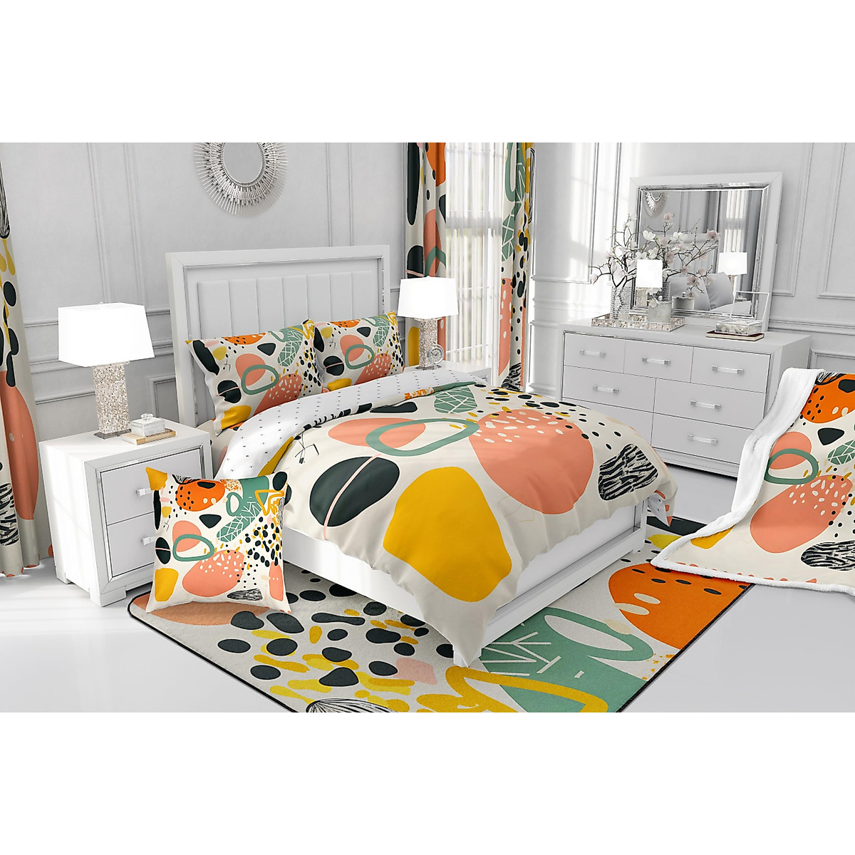 jejeloiu Kids Abstract Duvet Cover Set 100% Cotton Full Size, Geometric Bedding Set Stripes Geometry Comforter Cover Boys Girls Modern Art Luxury Teens Cotton Duvet Cover 3Pcs