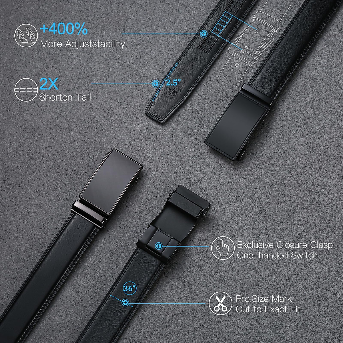 SENDEFN Men's Leather Belt Automatic Ratchet Buckle Slide Belt for Dress Casual Trim to Fit with Gift Box(A-black-42)