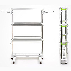GAENZA Multifunctional Clothes Drying Rack Mobile Landing Folding Stainless Steel Double Pole Lifting Drying Rack Drying Rack Storage Indoor and Outdoor Simple